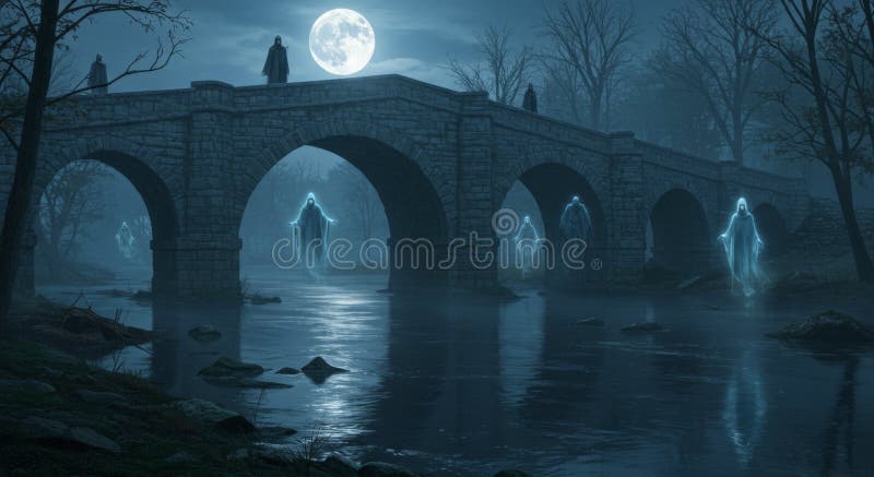 Eerie Ghosts on a Stone Bridge at Night Stock Illustration ...