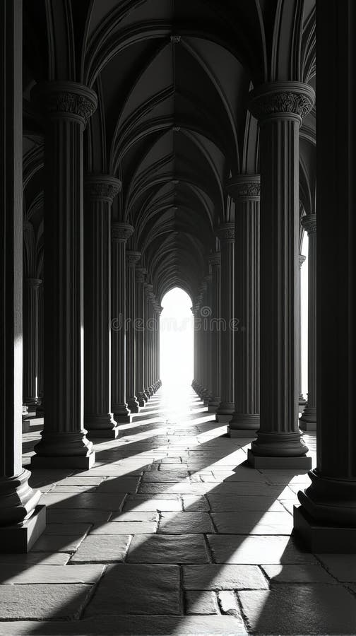 Eerie Gothic Arcade Long Hallway of Shadow and Light Stock Illustration ...