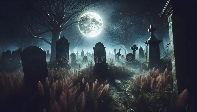 Eerie Graveyard Under a Full Moon at Night Stock Illustration ...