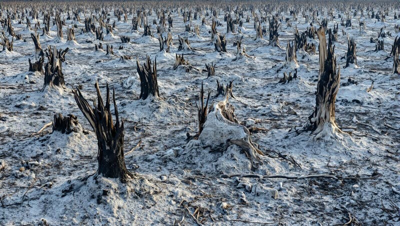 Eerie Landscape of Charred Tree Stumps in Gray Ash Stock Illustration ...