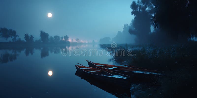 Eerie Night Scene Misty Lake Moonlit Trees Stock Photos - Free ...