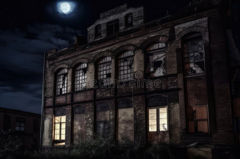 Eerie Night Shot of Abandoned Building, with Distant Moonlight Shining ...