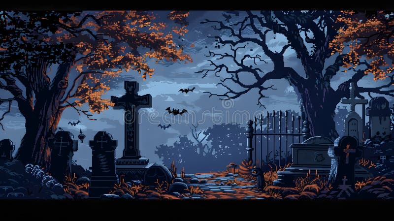 Eerie Pixel Art Graveyard at Twilight Stock Illustration - Illustration ...
