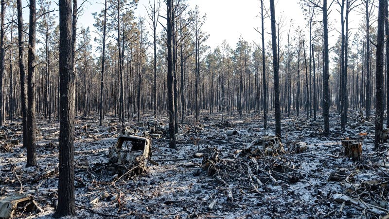 Eerie Post Apocalyptic Forest Clearing with Blackened Trees and Twisted ...