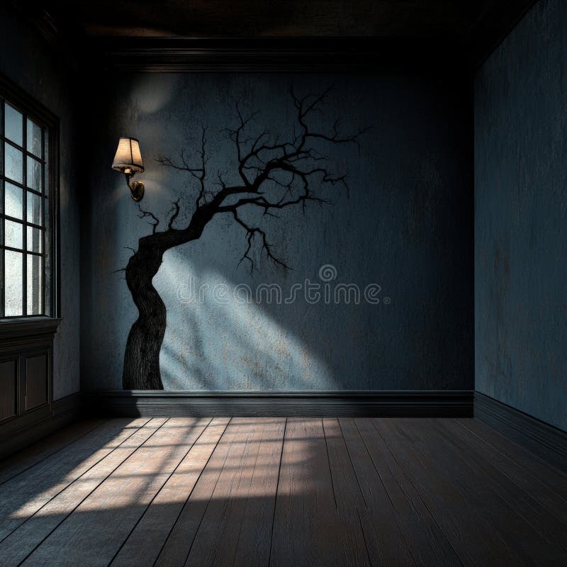 An Eerie Room with a Shadowy Tree Silhouette Illuminated by Soft Light ...