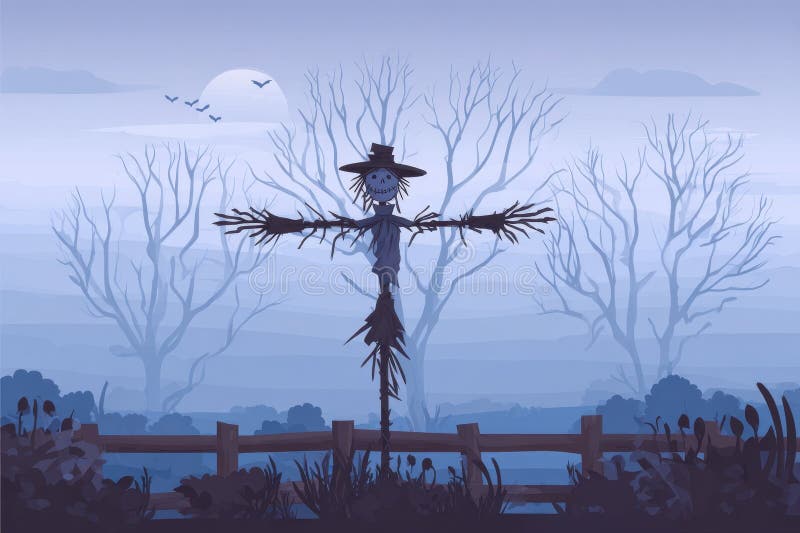Eerie Scarecrow in Misty Twilight Field with Moonlit Sky and Bare Trees. Stock Image - Image of ...