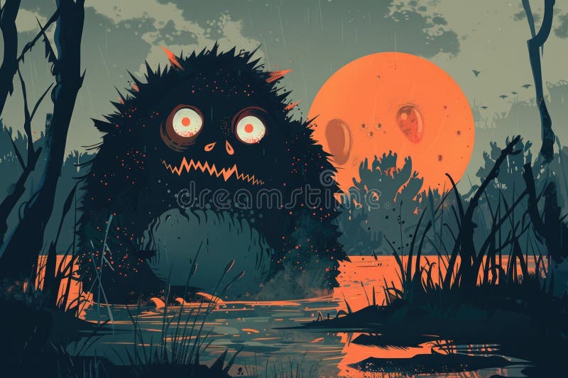 A Eerie Scene of a Creature Lurking in a Swamp Under the Light of a ...