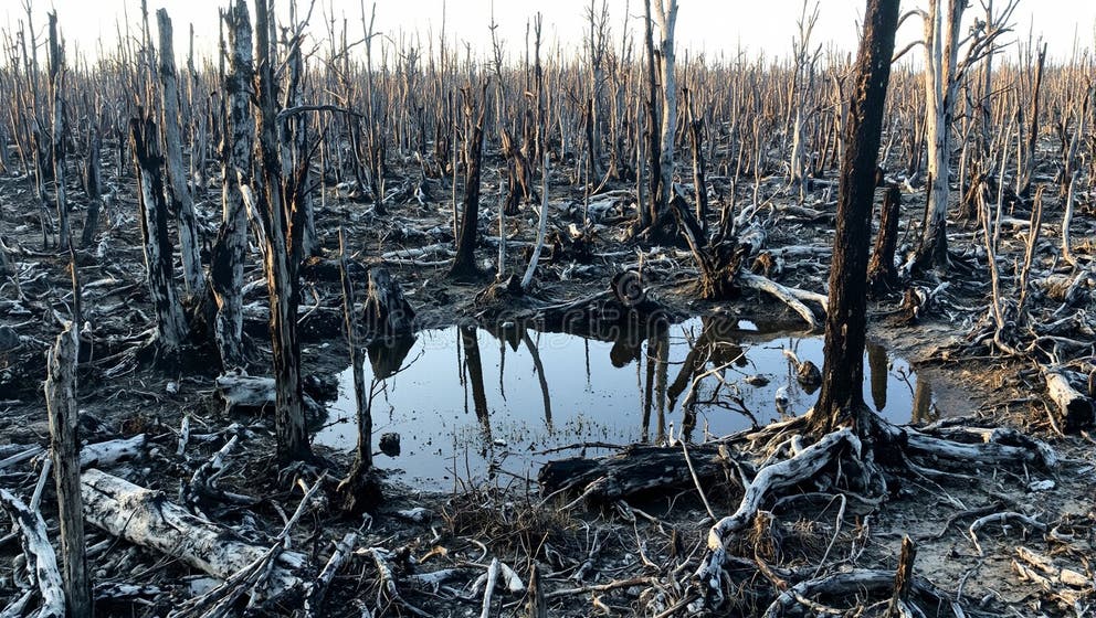 Eerie Scene of Scorched Trees Around Reflective Pool Haunting Aftermath ...