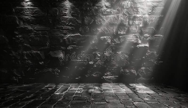 The Eerie Stone Wall is Illuminated by Light Rays, Creating a Mystical ...