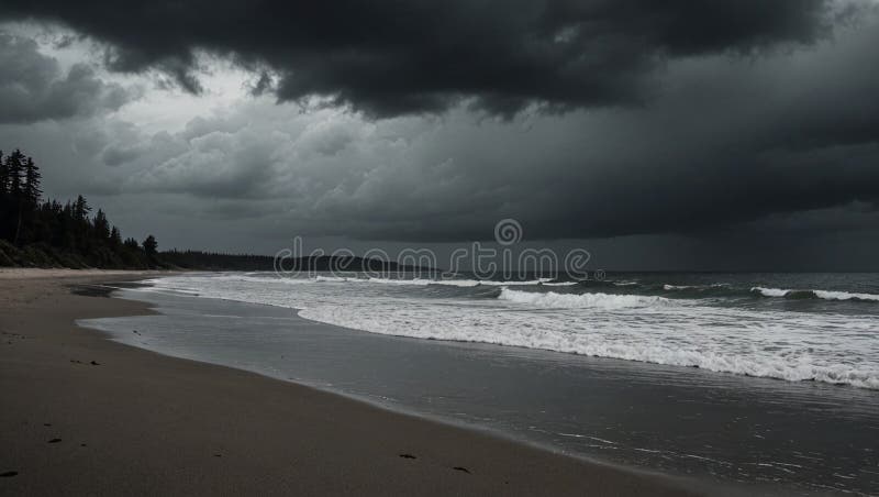Eerie Sunset Silhouette on Desolate Beach Stock Illustration ...