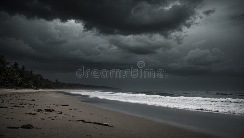 Eerie Sunset Silhouette on Desolate Beach Stock Illustration ...