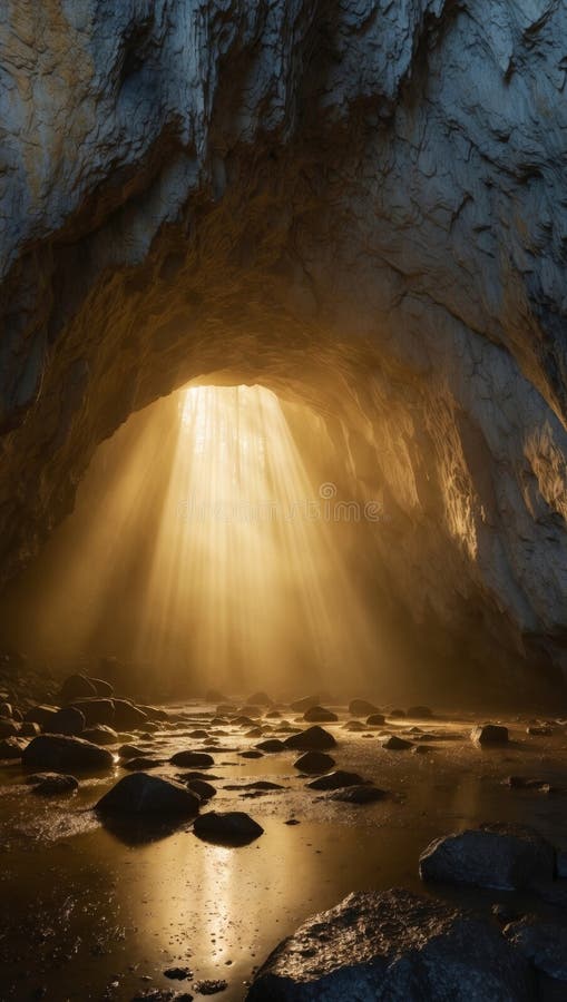 Eerie Underground Cave Illuminated by Sun Rays with Mist on Rocky ...