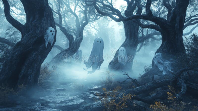 Eerie White Ghosts Floating in a Misty Forest Stock Illustration ...