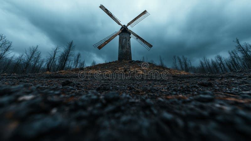 Eerie Windmill on a Stormy Hill Stock Illustration - Illustration of ...