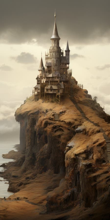 Eerily Realistic Fantasy Castle on Ocean Cliff Stock Illustration ...