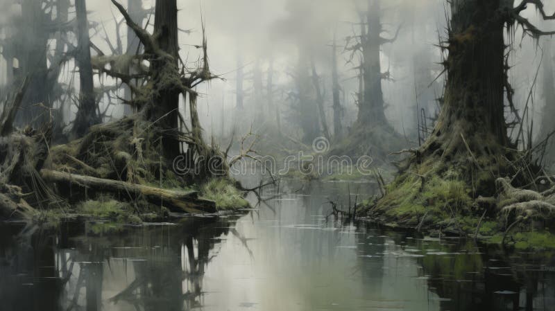 Eerily Realistic Swamp Painting with Water and Trees Stock Illustration ...