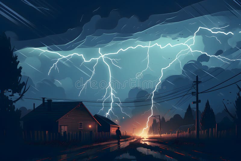 Effect of Lightning Strike and Sparks Over the City in Cartoon Style ...