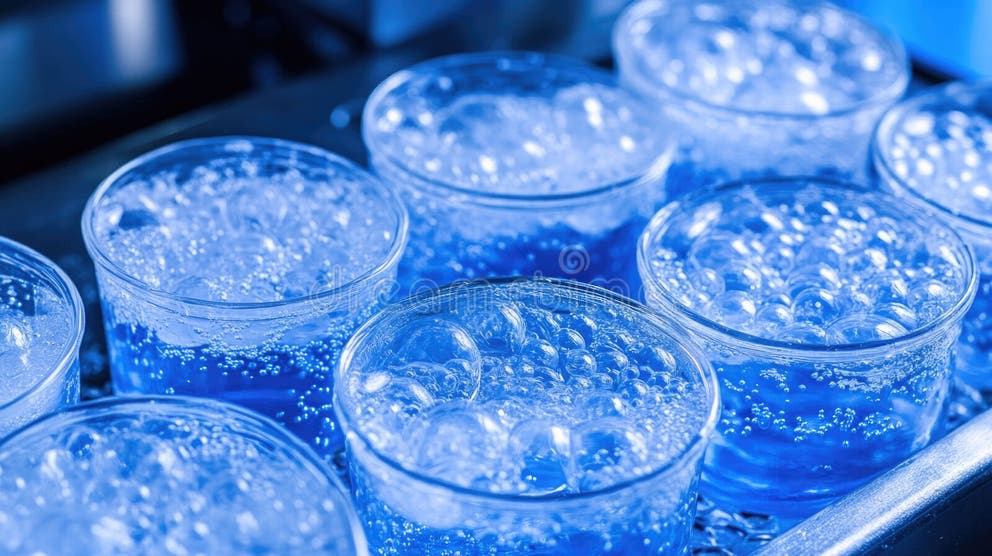 Effervescent Blue Beverage in Clear Cups with Bubbling Carbonation ...