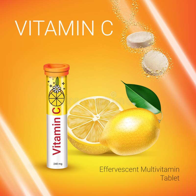 Effervescent Multivitamin Tablets Ads. Vector Illustration with Vitamin ...