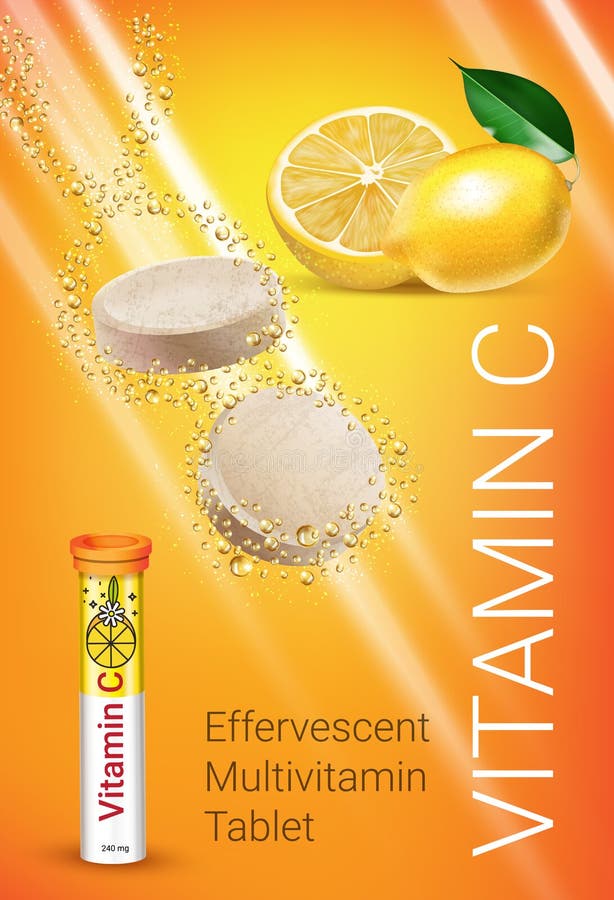 Effervescent Multivitamin Tablets Ads. Vector Illustration with Vitamin ...