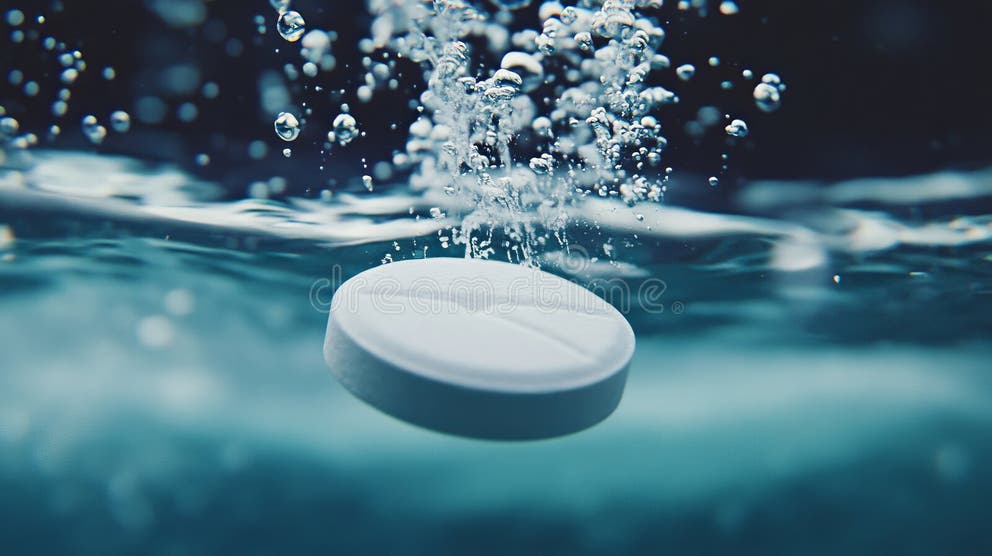 Effervescent Tablet Dissolving in Water with Bubbles Rising Stock ...