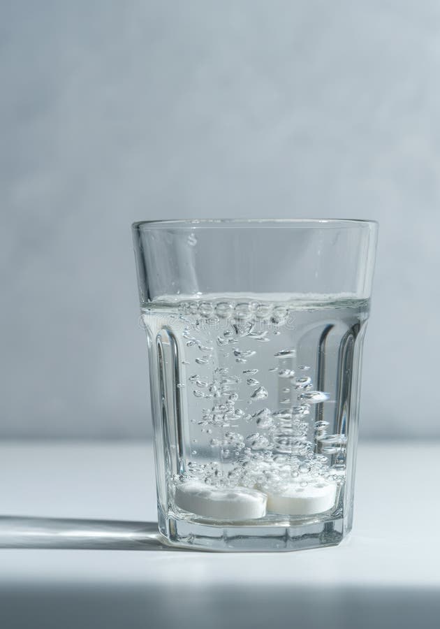 Effervescent Tablets Dissolving in Glass of Water with Bubbles Stock ...