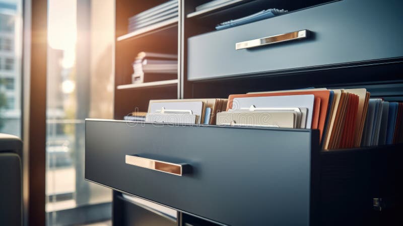 Open Drawers Revealing Neatly Organized Office File Folders and Pages ...