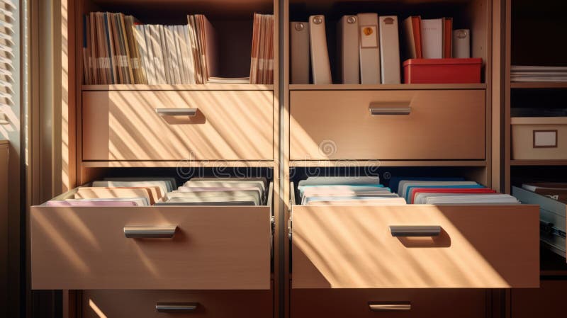 Open Drawers Revealing Neatly Organized Office File Folders and Pages ...