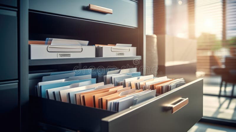 Open Drawers Revealing Neatly Organized Office File Folders and Pages ...