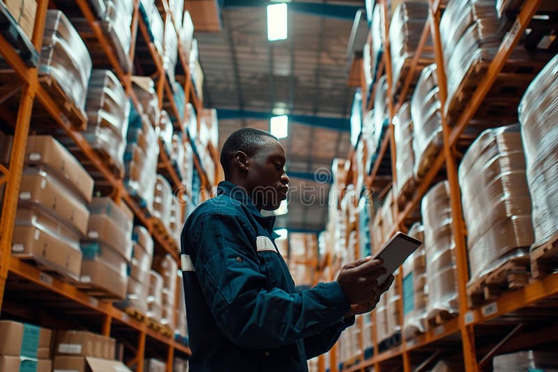 Efficient African Employee in Large Warehouse Using Tablet Stock Photo ... Efficient African Employee in Large Warehouse Using Tablet Stock Photo ...