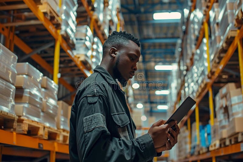 Efficient African Employee in Large Warehouse Using Tablet Stock Image ... Efficient African Employee in Large Warehouse Using Tablet Stock Image ...