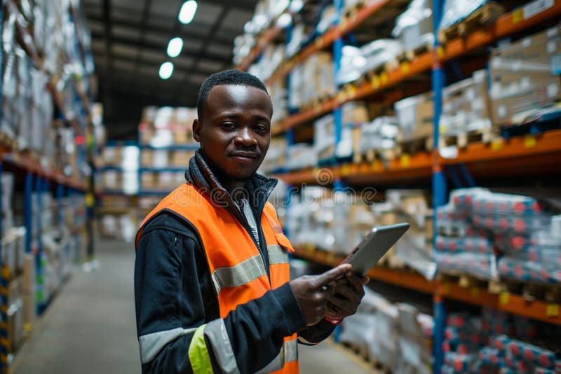 Efficient African Employee in Large Warehouse Using Tablet Stock Photo ... Efficient African Employee in Large Warehouse Using Tablet Stock Photo ...