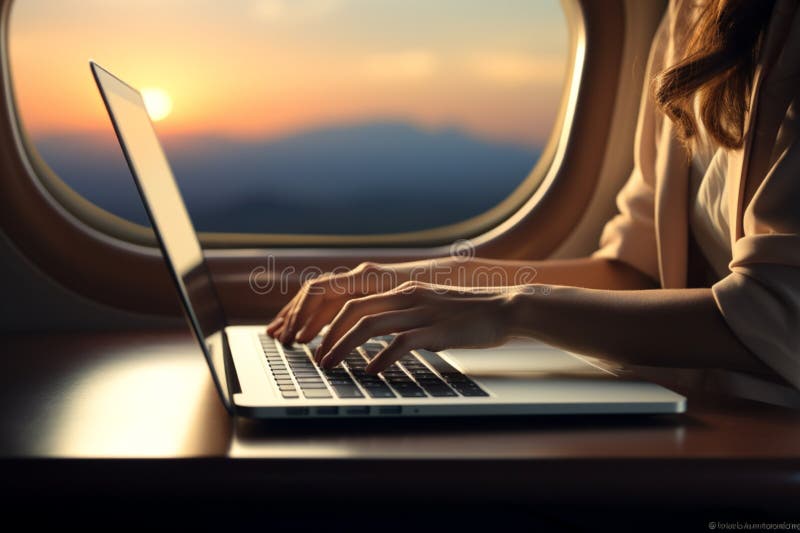 Efficient Airborne Work Businesswomans Hands on Laptop during in Flight ...