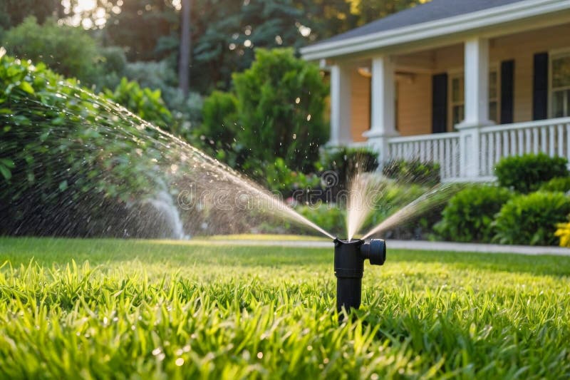 Efficient Automatic Sprinkler System Watering Lush Green Lawn Stock ...