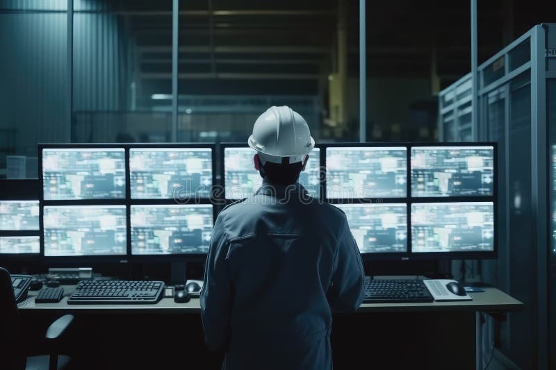 Efficient Büro Workflow: Back View of Engineer in Safety Helmet and ...