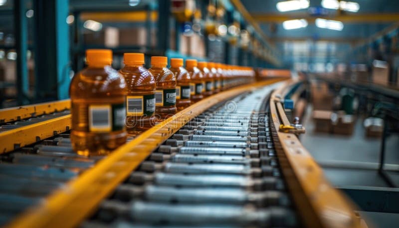 Efficient Bottling Plant Production Line Featuring Bright Orange ...