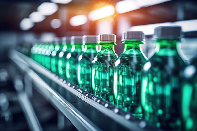 Efficient Bottling Process: Line of Beverages Bottled in Plastic ...