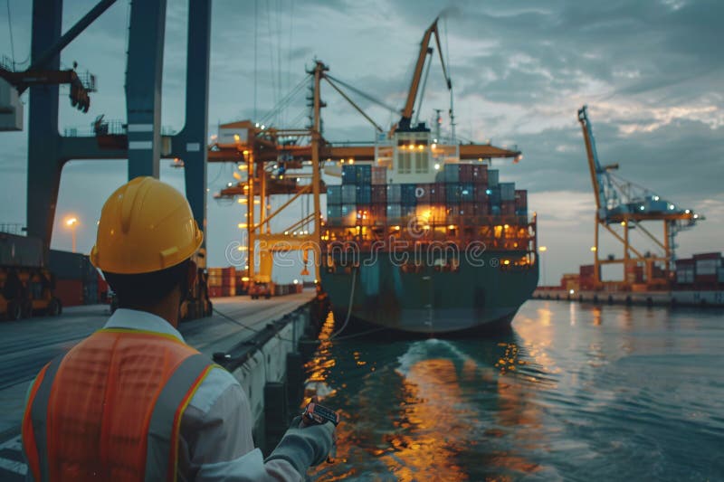 Efficient Cargo Loading at Busy Port during Twilight Hours. Stock ...