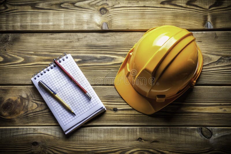Efficient Construction Project Planning a Hard Hat Notepad and Wooden ...