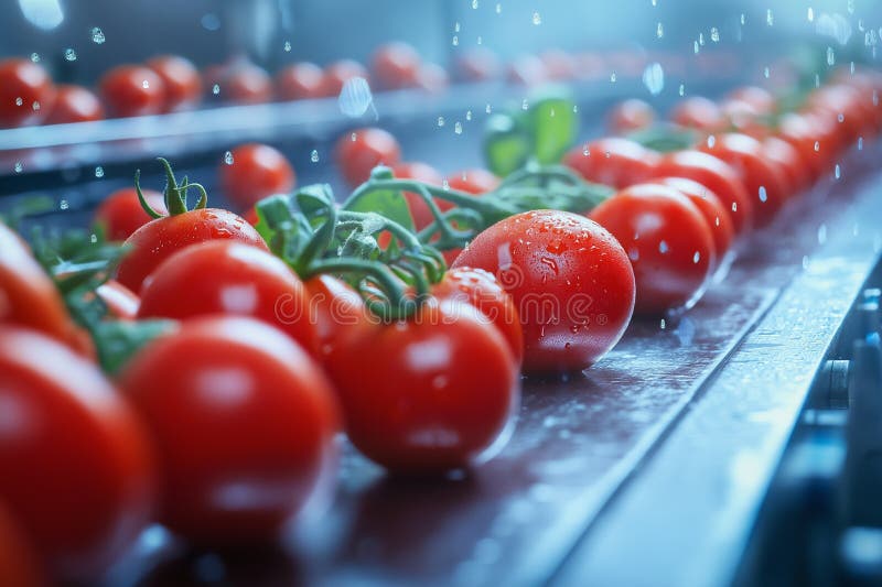 Modern Conveyor System Sorting Fresh Red Tomatoes in Industrial Setting ...