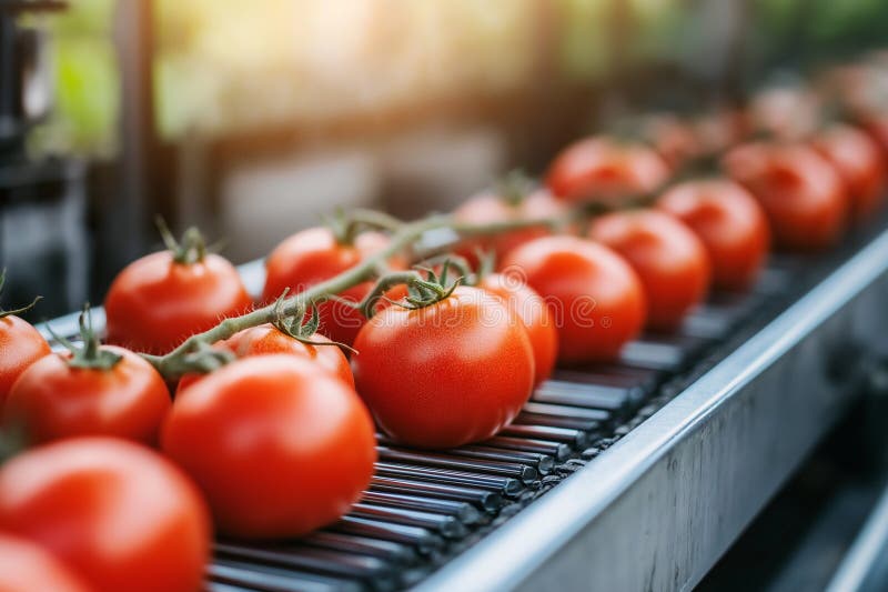 Modern Conveyor System Sorting Fresh Red Tomatoes in Industrial Setting ...