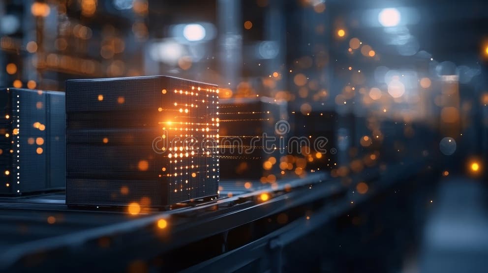 Efficient Delivery System, Stacked Boxes on a Conveyor Belt in Bustling ...