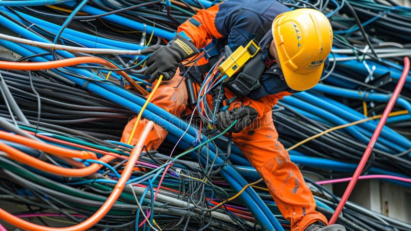 Efficient Electrician Skillfully Wiring Structure Amidst Tangle of ...