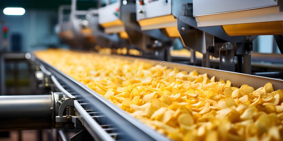 Efficient Factory Assembly Line Packaging Crispy Potato Chips on Moving ...
