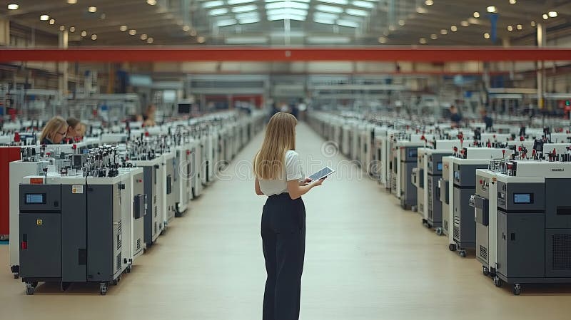 Efficient Factory Scene with Woman Using Tablet among Machines ...