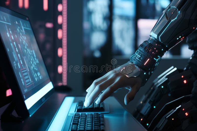 Efficient Hand Of Robot Touch Coding Monitor Science Stock Illustration Illustration Of Cyber