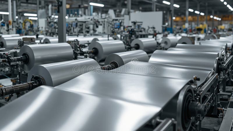 Efficient Industrial Production Line with Shiny Sheet Metal Rolls on ...