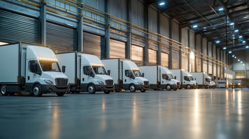 Efficient Logistics White Delivery Trucks Lined Up in Warehouse Stock ...