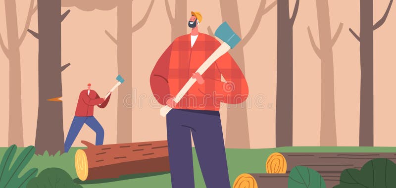 Efficient Lumberjack Team Characters Expertly Cutting Wood, Displaying ...