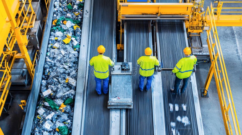 Efficient Modern Recycling Facility with Workers Sorting Materials on ...